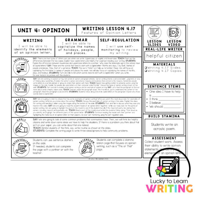 Lucky to Learn Writing - Unit 4 Opinion - Writing 4.17 - Features of ...