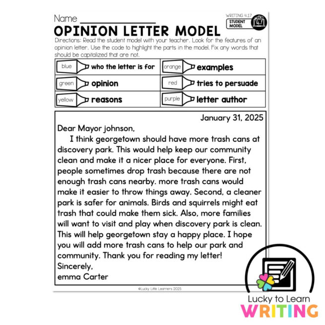 Lucky to Learn Writing - Unit 4 Opinion - Writing 4.17 - Student Model ...