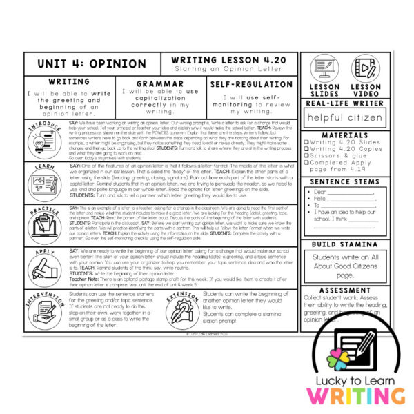 Lucky to Learn Writing - Unit 4 Opinion - Writing 4.20 - Starting an ...