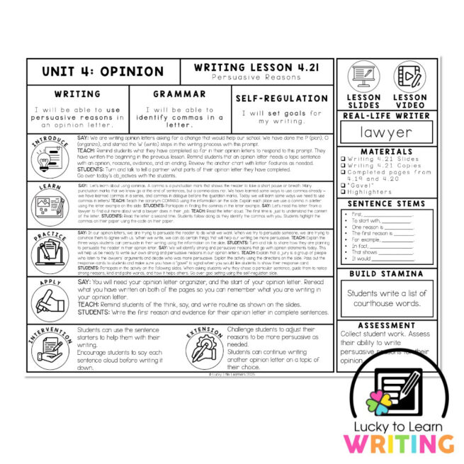 Lucky to Learn Writing - Unit 4 Opinion - Writing 4.21 - Persuasive ...