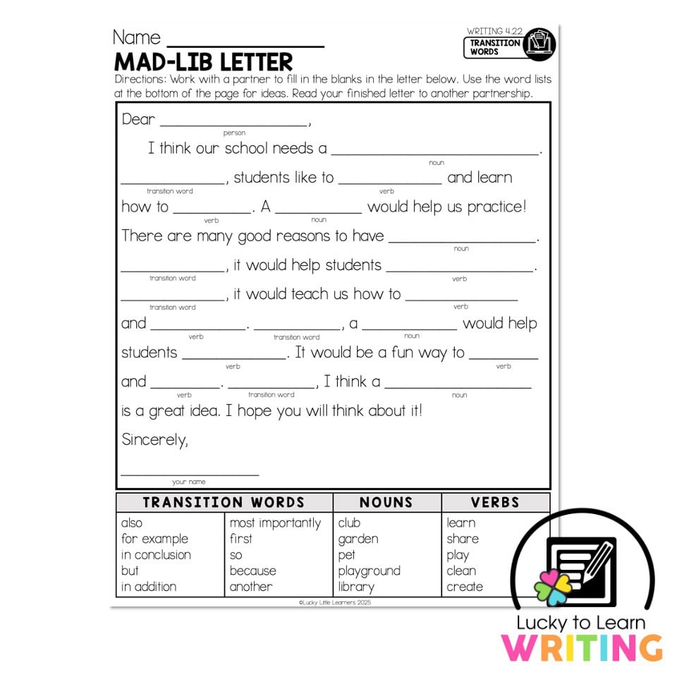 Lucky to Learn Writing - Unit 4 Opinion - Writing 4.22 - Transition ...