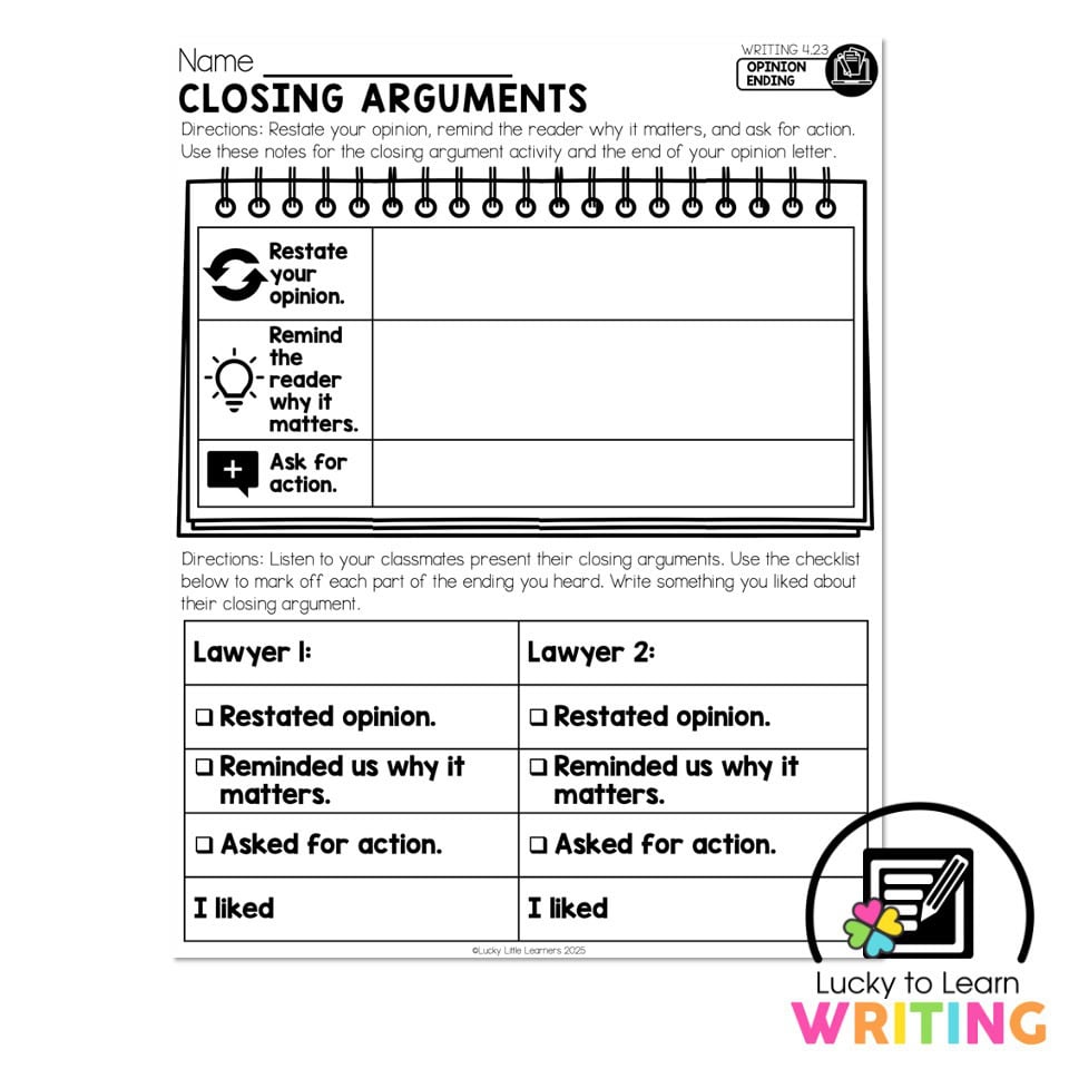 Lucky to Learn Writing - Unit 4 Opinion - Writing 4.23 - Opinion Ending ...