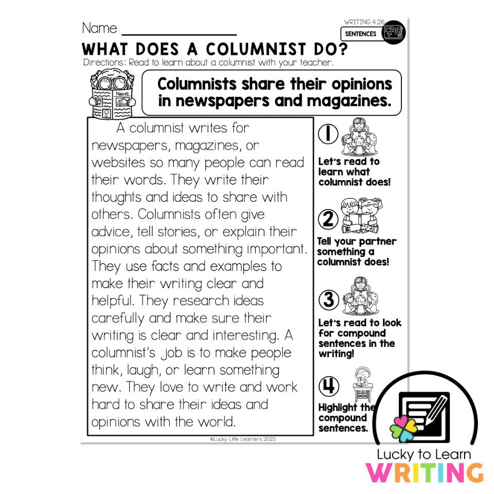 Lucky to Learn Writing - Unit 4 Opinion - Writing 4.26 - Sentences ...
