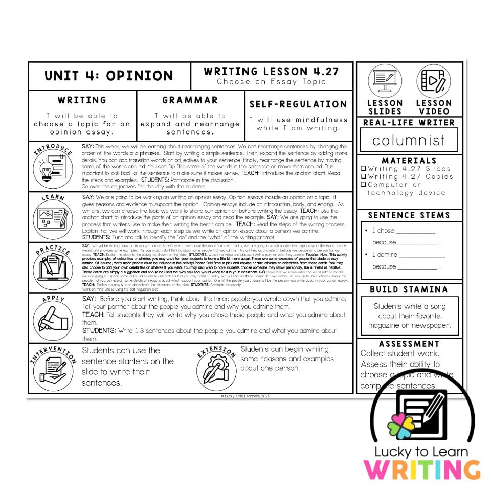 Lucky to Learn Writing - Unit 4 Opinion - Writing 4.27 - Choose an ...