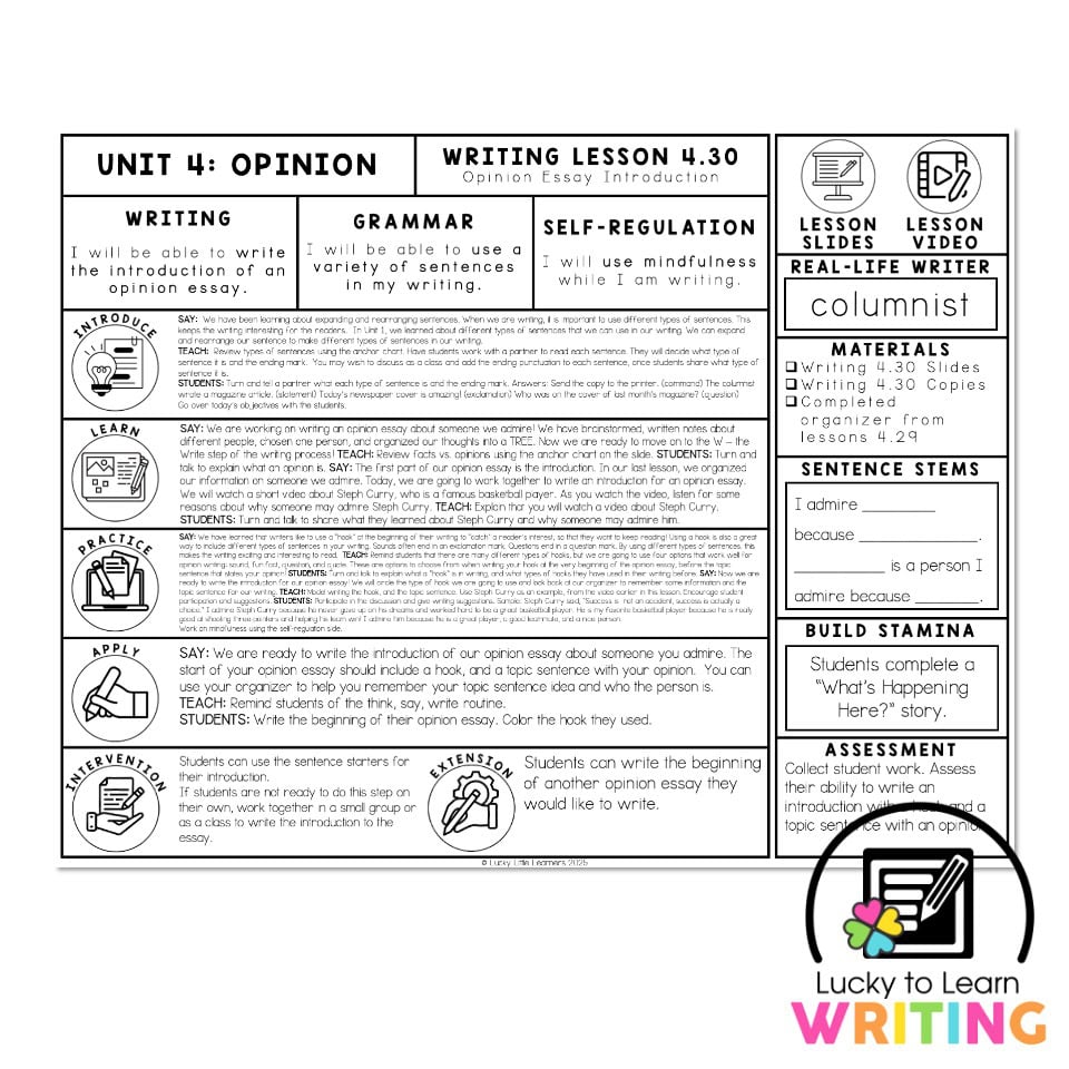 Lucky to Learn Writing - Unit 4 Opinion - Writing 4.30 - Opinion Essay ...