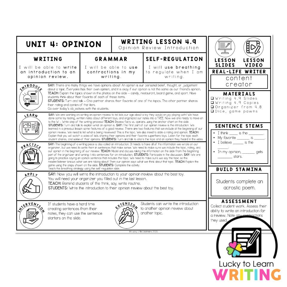 Lucky to Learn Writing - Unit 4 Opinion - Writing 4.9 - Opinion Review ...