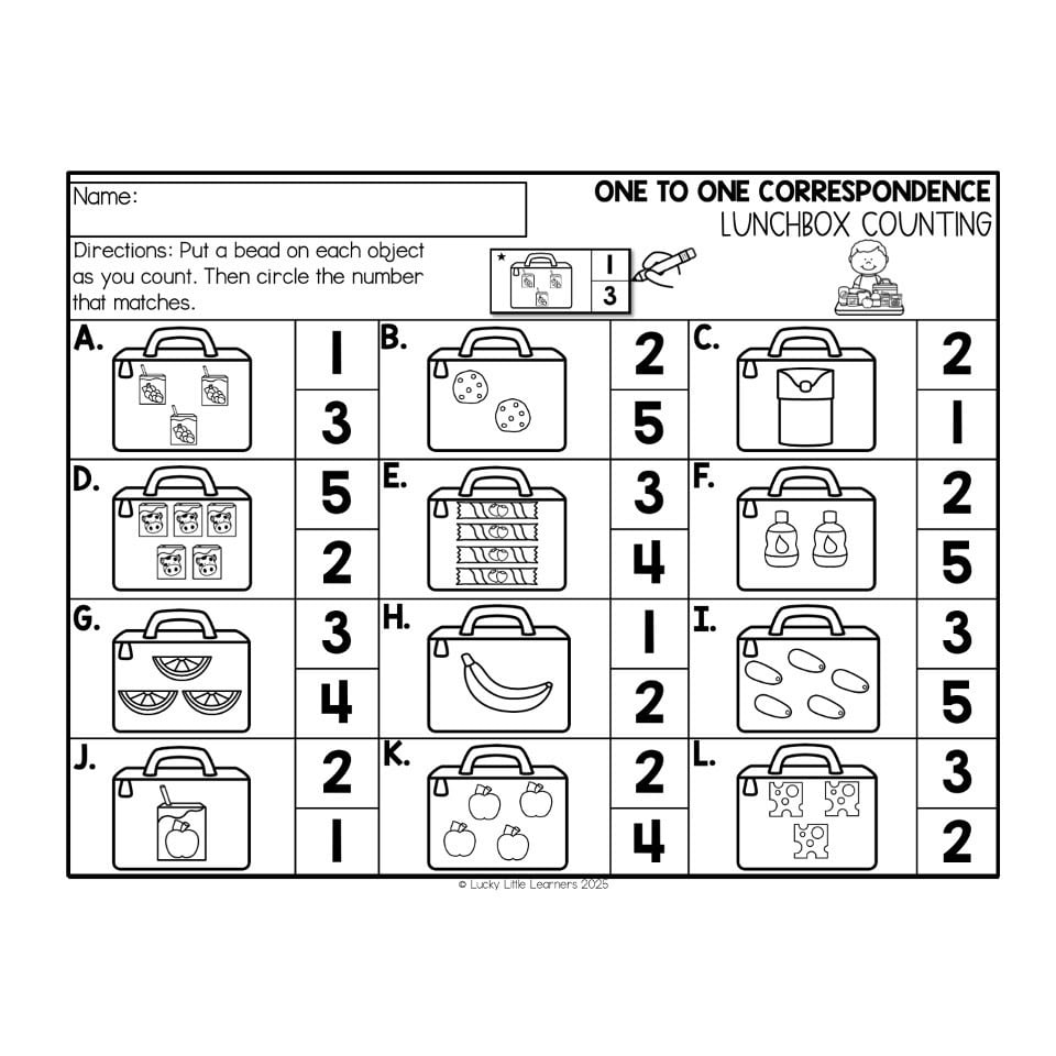 Math Worksheet - August - One to One Correspondence - Lunchbox Counting ...