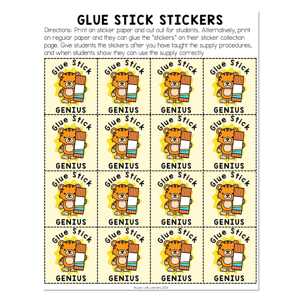 School Supplies Practice - Glue Sticks - Stickers - Lucky Little Learners
