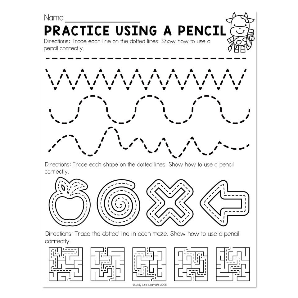 School Supplies Practice - Pencils - Practice Page - Lucky Little Learners