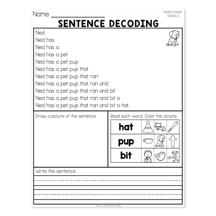 Sentence Decoding - Mixed Short Vowels - Version 3 - Lucky Little Learners