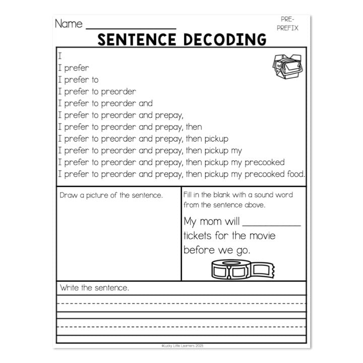 Sentence Decoding - Prefixes - PRE - Lucky Little Learners