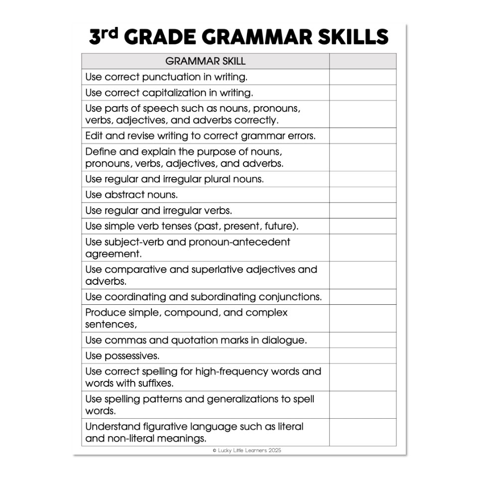 Skills Checklist - 3rd Grade - Grammar - Lucky Little Learners