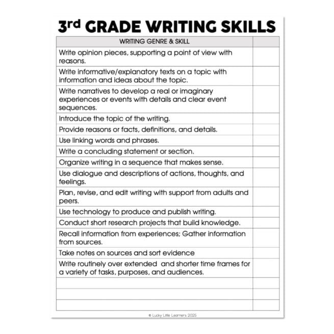 Skills Checklist - 3rd Grade - Writing - Lucky Little Learners