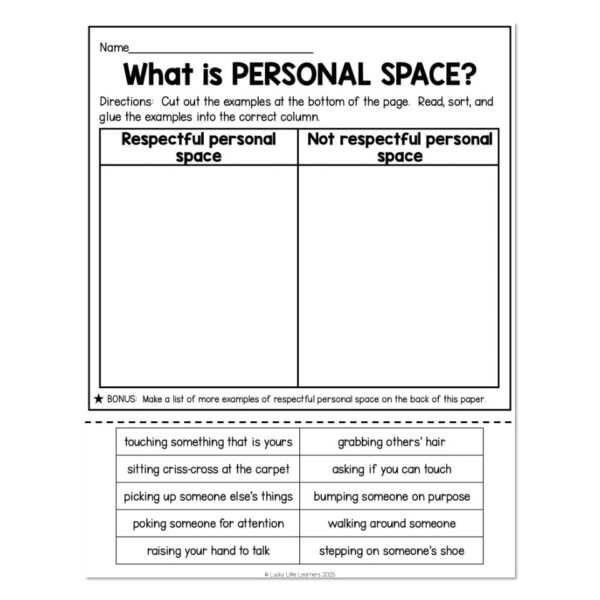 Social Emotional Learning - Personal Space - Sort - Lucky Little Learners