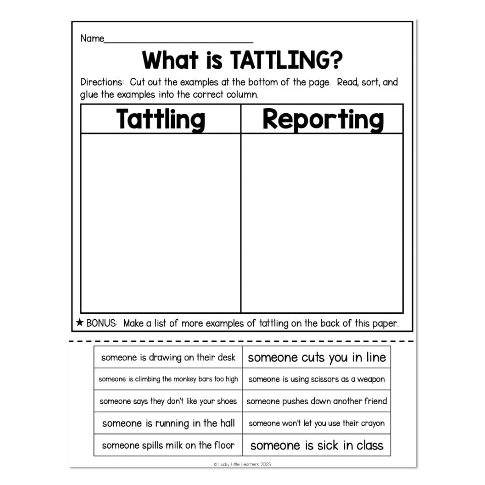 Social Emotional Learning - Tattling Unit - Sort - Lucky Little Learners