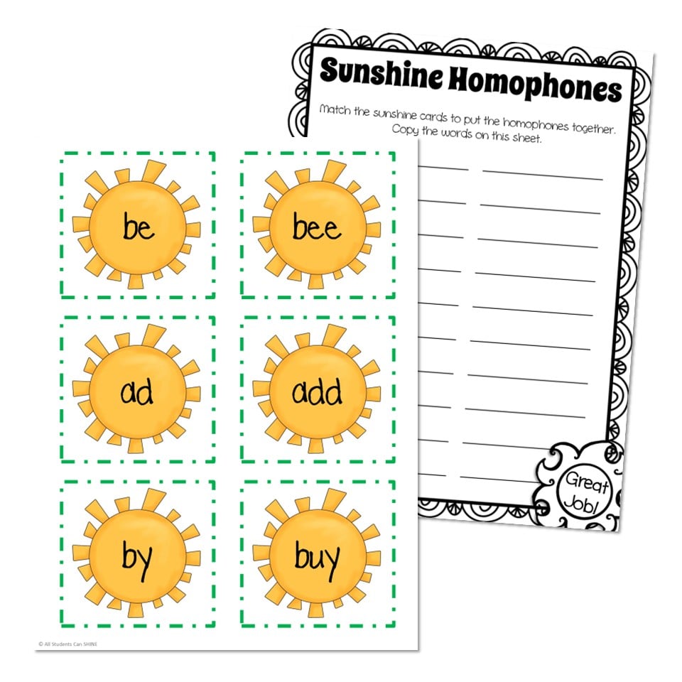 Spring Literacy Activities - Sunshine Homophones - Lucky Little Learners