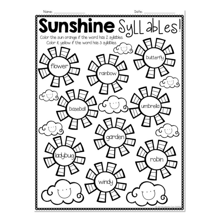 Spring Literacy Printables - Sunshine Syllables - Lucky Little Learners