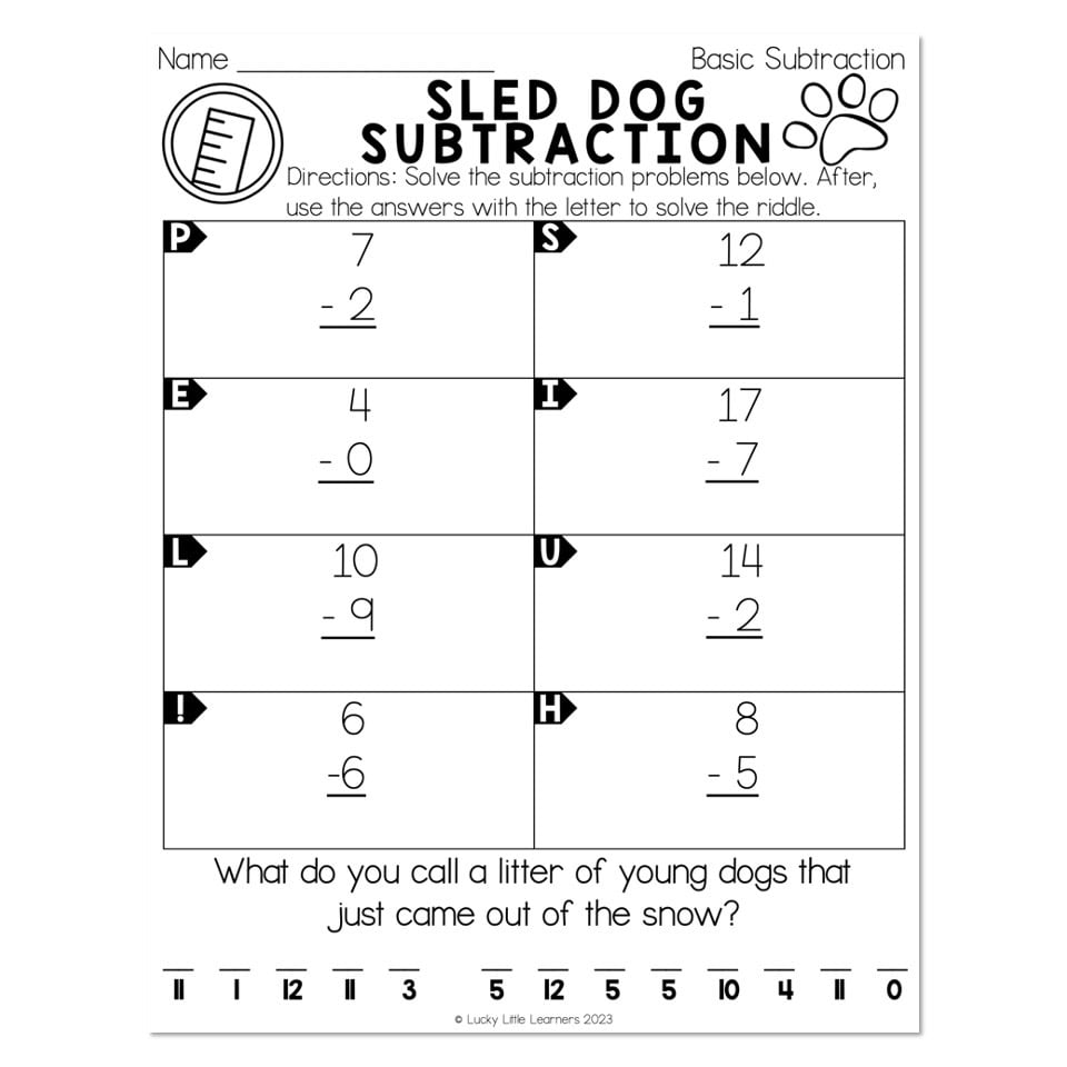 Sub Plans - Middle of Year - Basic Subtraction - Sled Dog Subtraction ...