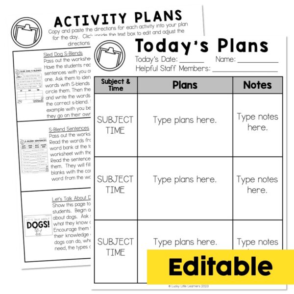 Sub Plans - Middle of Year - Editable Lesson Plans with Activity ...