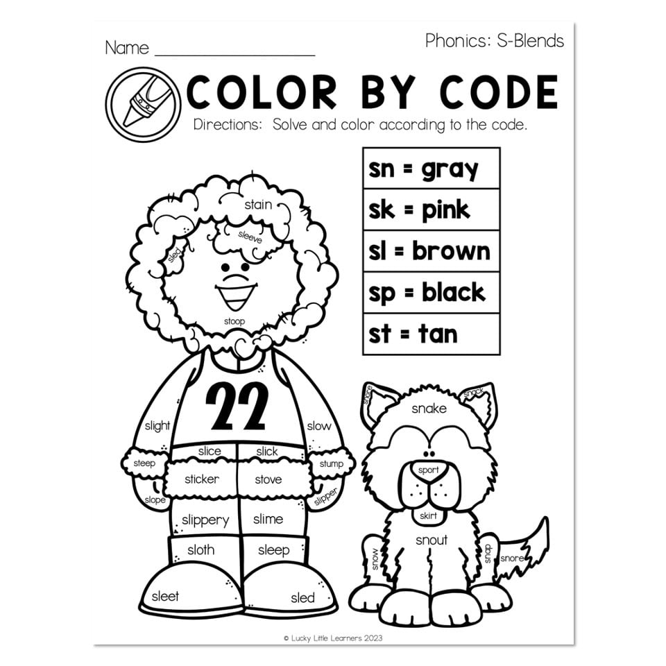 Sub Plans - Middle of Year - Phonics S Blends - Color by Code - Lucky ...