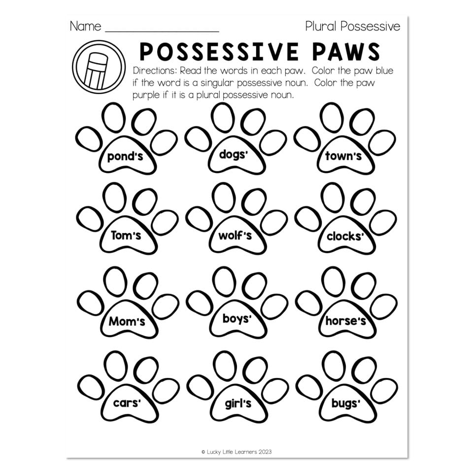 Sub Plans - Middle of Year - Plural Possessive - Possessive Paws ...