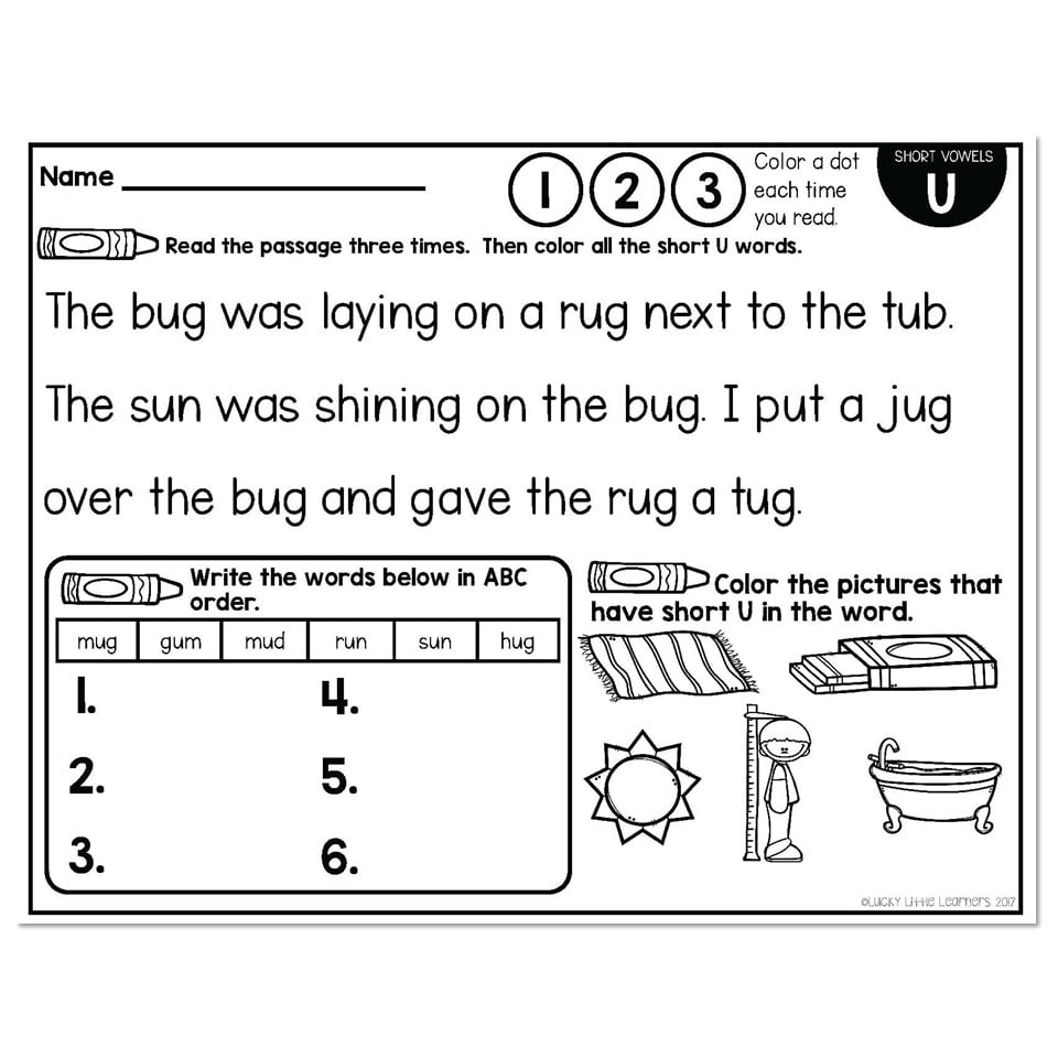 U - Short Vowel Phonics Mats 1st Grade - Lucky Little Learners