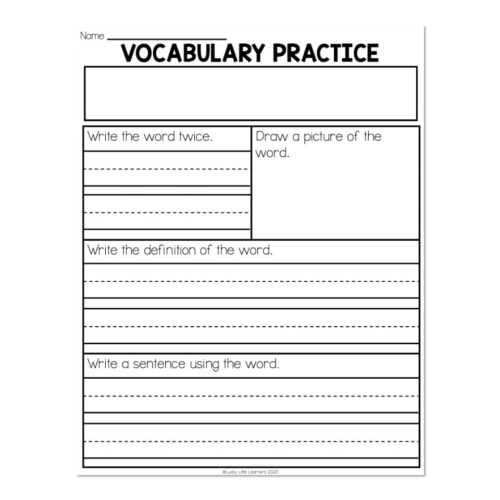 Vocabulary Practice Page - Single Word - Word Definition Sentence ...