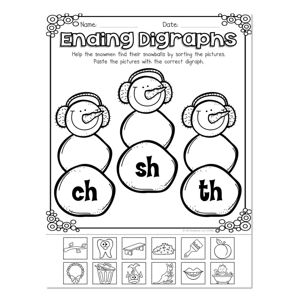 Winter Literacy Activities - Ending Digraphs - Lucky Little Learners