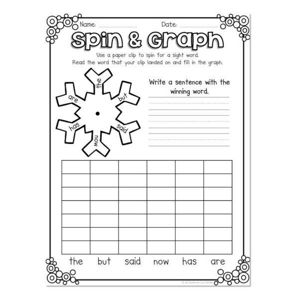 Winter Literacy Activities - Spin and Graph Sight Words - Lucky Little ...