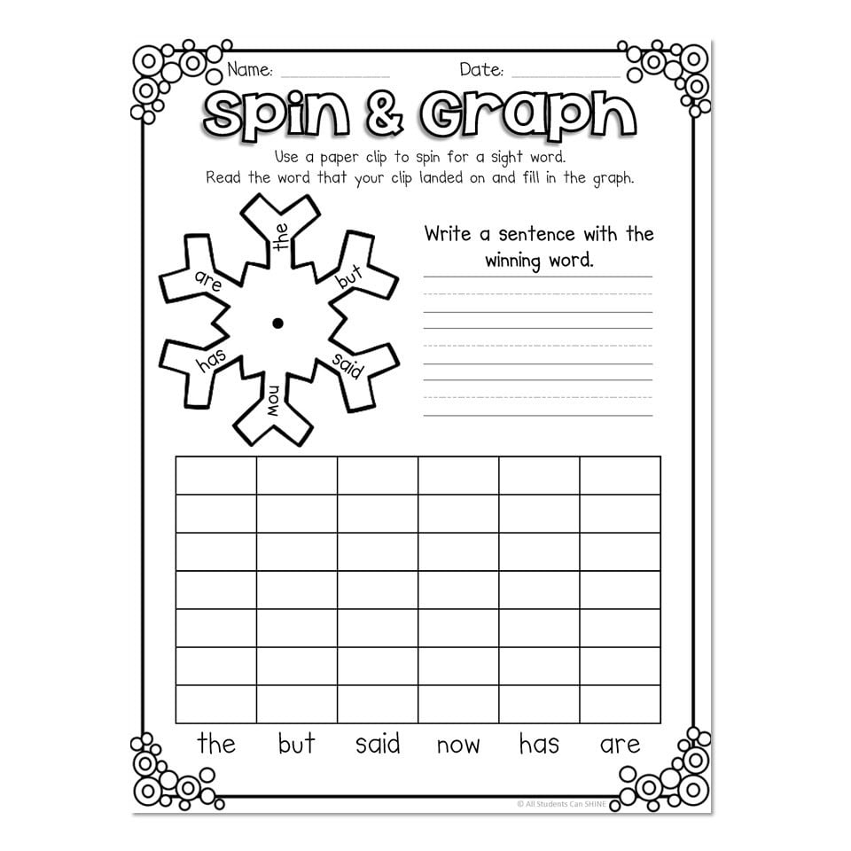 Winter Literacy Activities - Spin and Graph Sight Words - Lucky Little ...