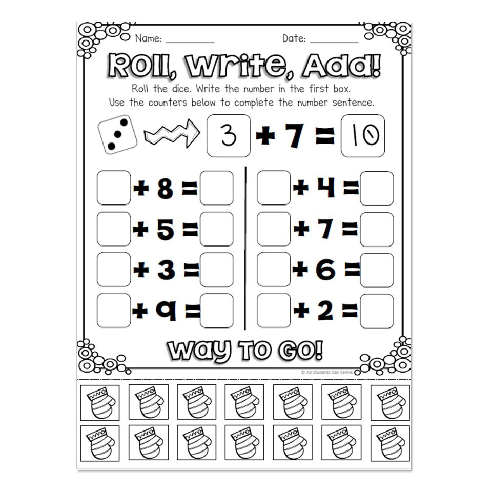 Winter Math Activities - Roll Write Add - Lucky Little Learners