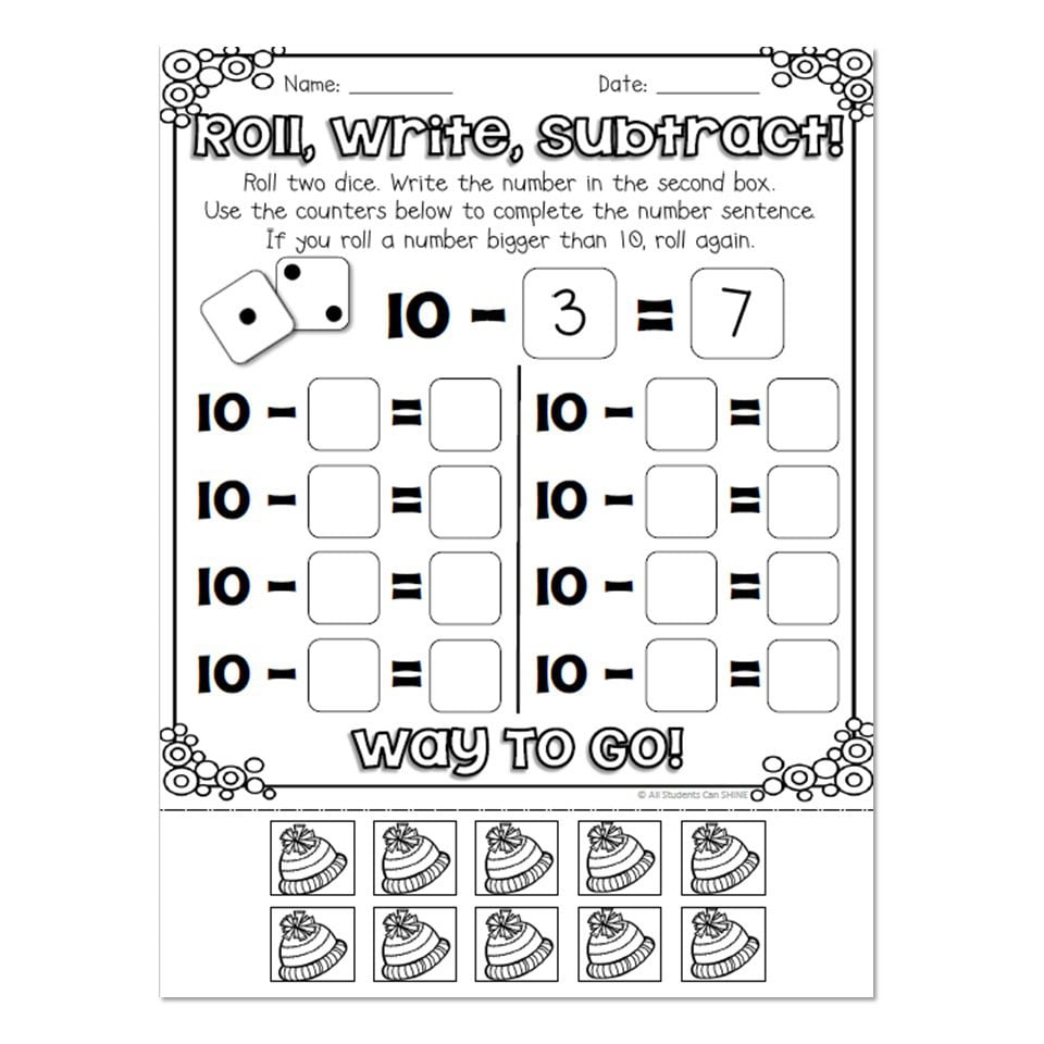 Winter Math Activities - Roll Write Subtract - Lucky Little Learners