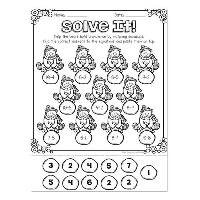 Winter Math Activities - Solve It Subtraction - Lucky Little Learners