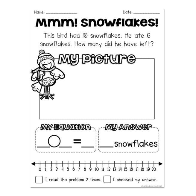 Winter Math Activities - Subtraction Story Problem - Lucky Little Learners