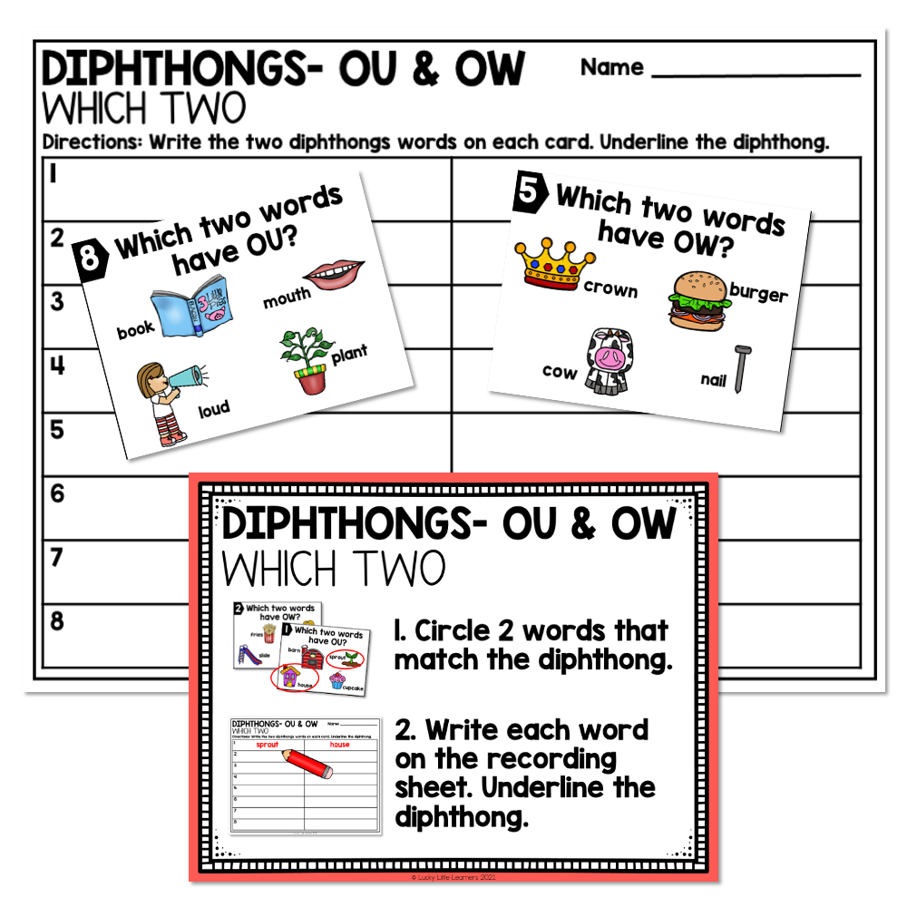 1st Grade Phonics Center - Diphthongs OU and OW - Lucky Little Learners