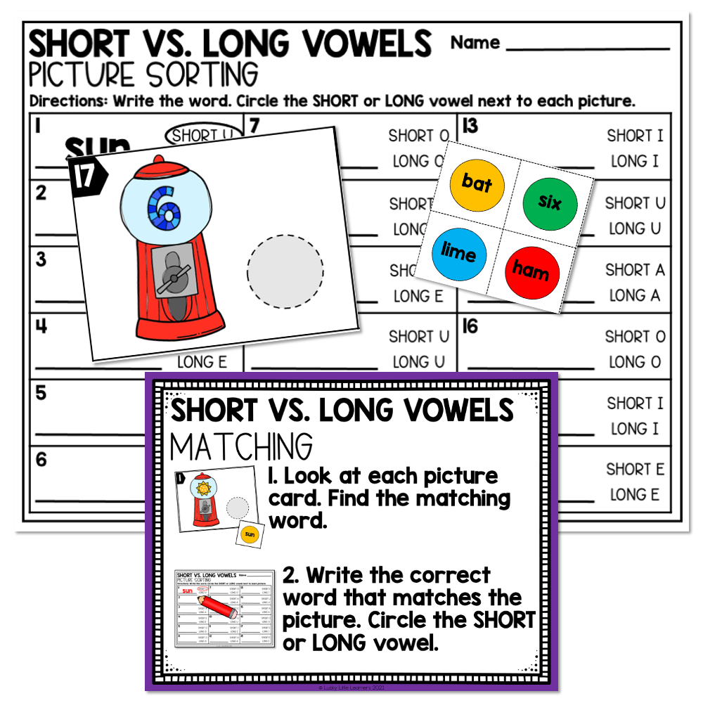 1st Grade Phonics Center - Short vs Long Vowels - Lucky Little Learners