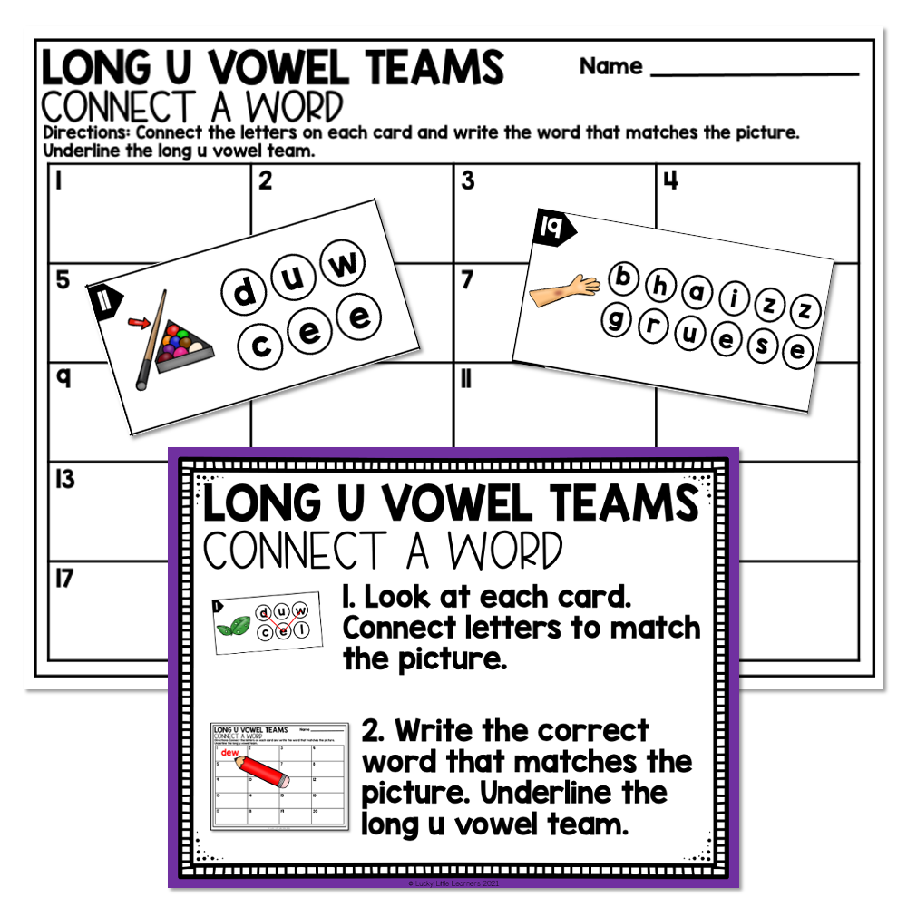1st Grade Phonics Center - Vowel Teams UI, UE, EW - Lucky Little Learners