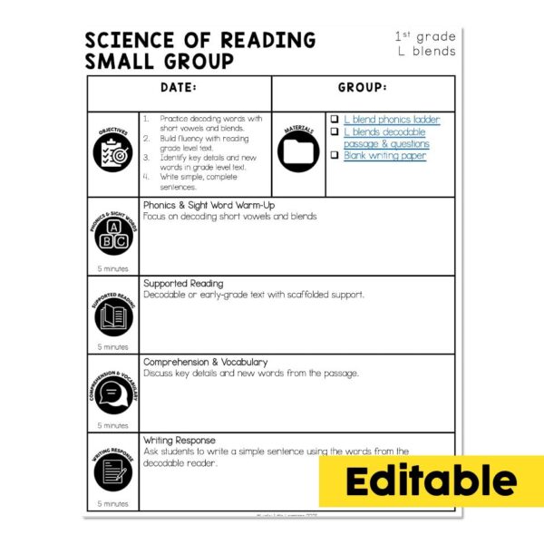 Editable Science of Reading Small Group - 1st Grade Lesson Plan ...