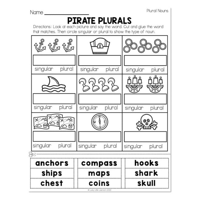 Grammar Worksheets - Plural Nouns - Pirate Plurals - Lucky Little Learners