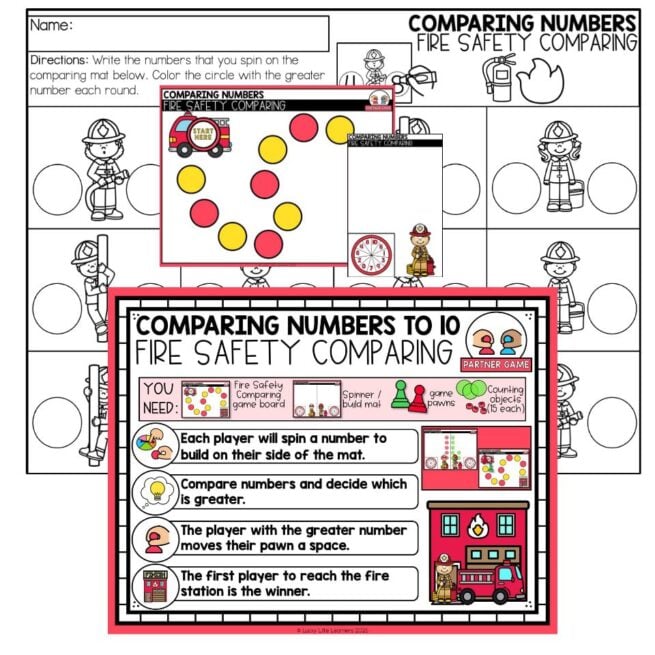 Kindergarten Math Center - October - Comparing Numbers to 10 - Fire ...