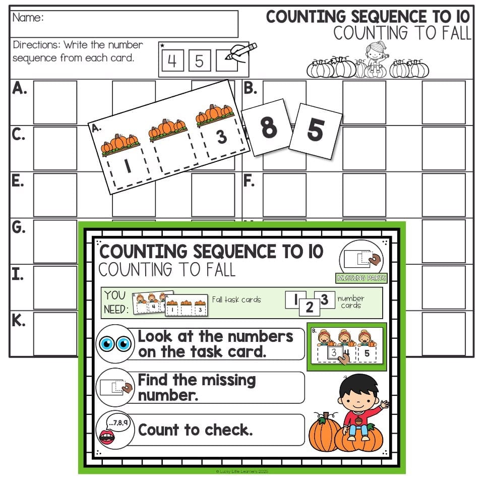 Kindergarten Math Center - October - Counting Sequence to 10 - Counting ...