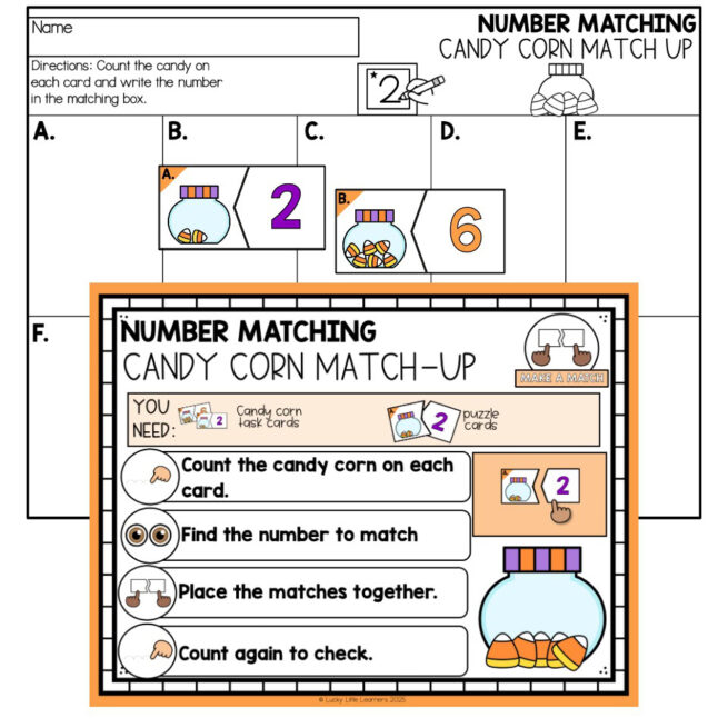 Kindergarten Math Centers - October - Number Matching - Candy Corn ...