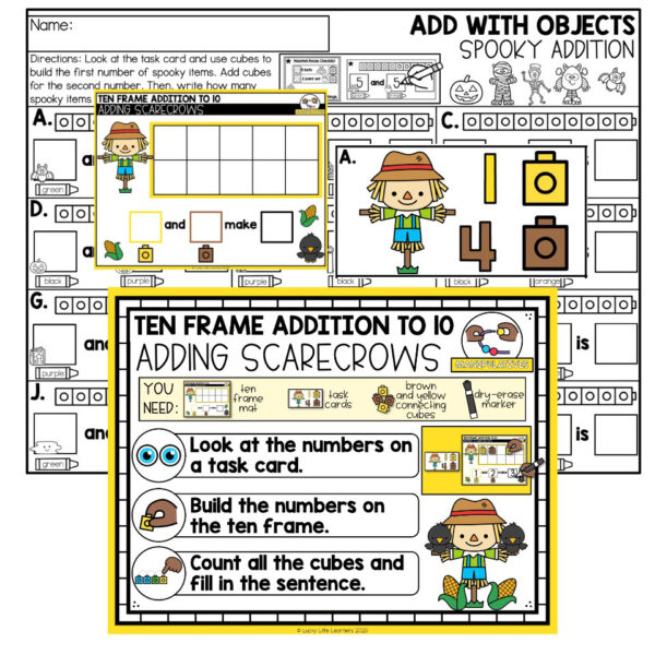 Kindergarten Math Center - October - Ten Frame Addition to 10 - Adding ...