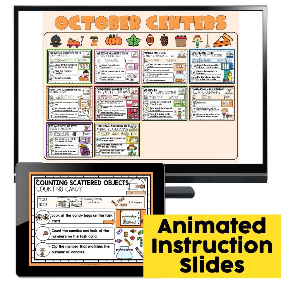 Kindergarten Math Centers - October - Animated Instruction Slides ...