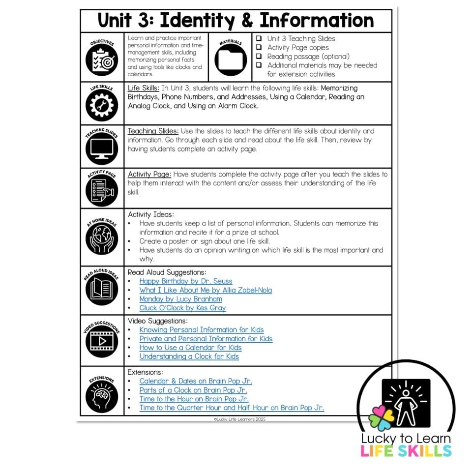 Lucky to Learn Life Skills - Unit 3 Identity & Information - Lesson ...