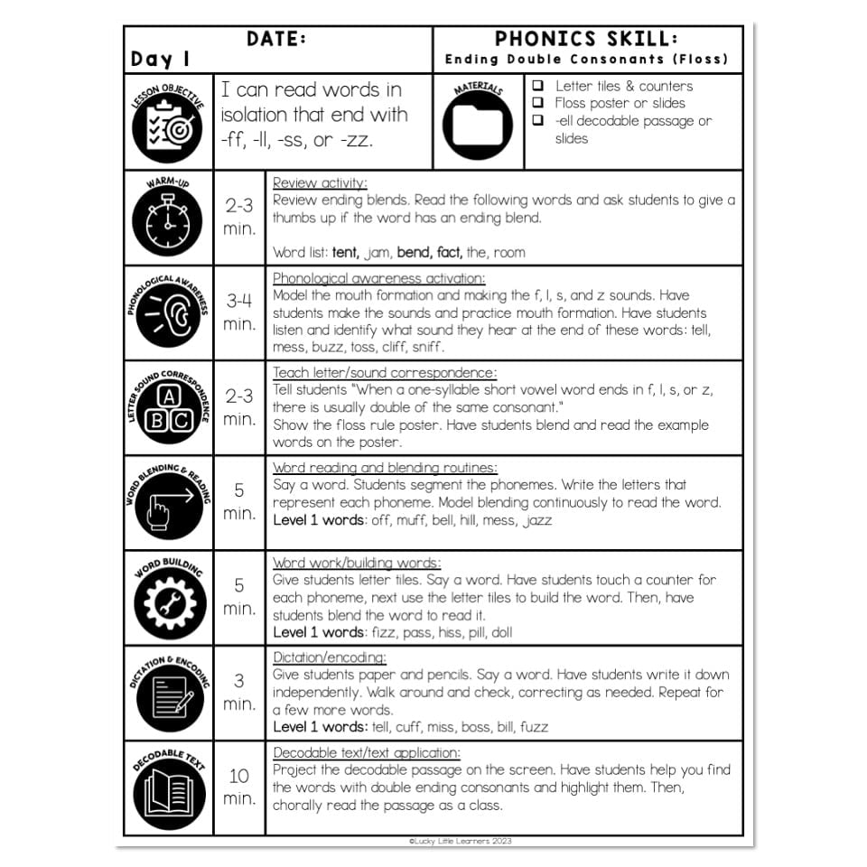 Lucky to Learn Phonics - Ending Double Consonants Floss - Lesson Plan ...