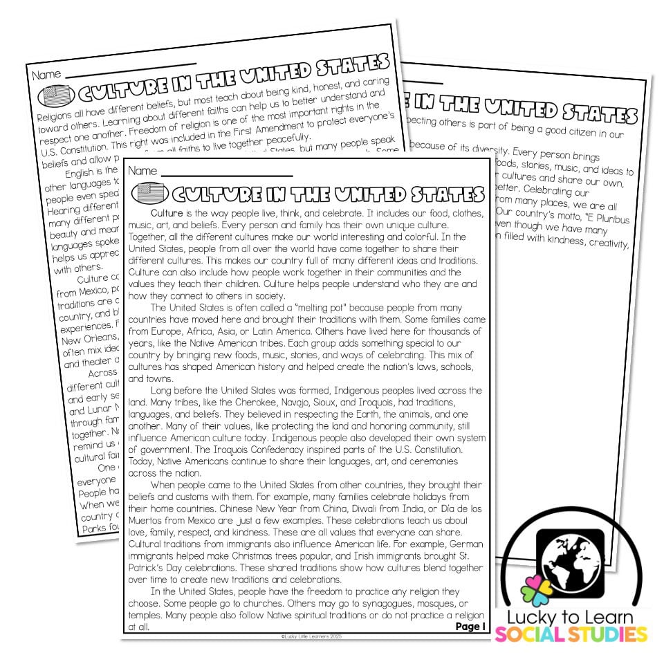Lucky to Learn Social Studies - Culture in the United States - Reading ...