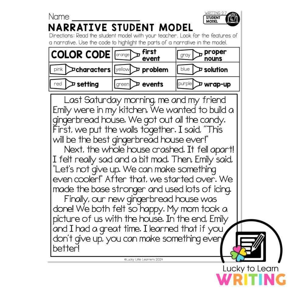 Lucky to Learn Writing - Unit 2 Narrative - Writing 2.7 - Student Model ...