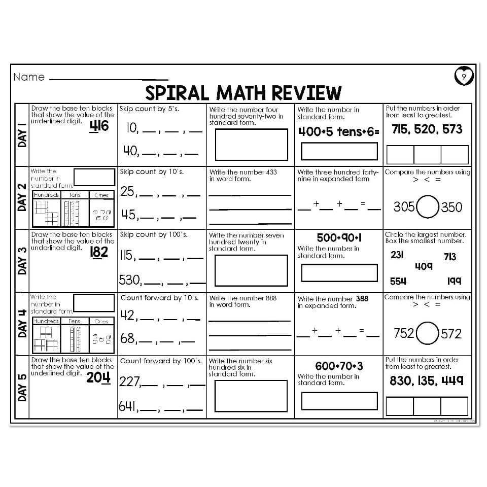 2nd Grade Spiral Math - Week 9 - At - Lucky Little Learners
