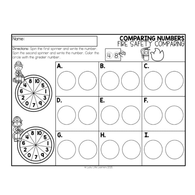 Math Worksheet - October - Comparing Numbers to 10 - Fire Safety ...